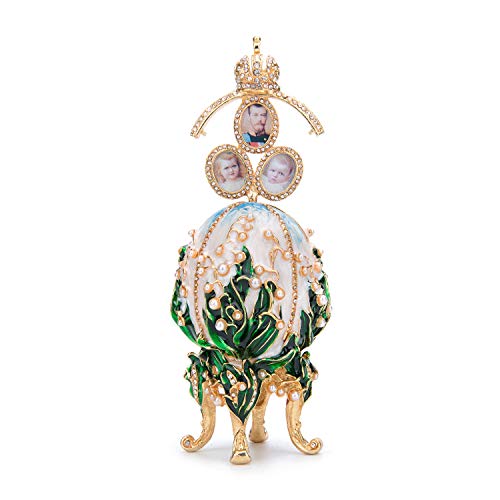 QIFU Vintage Lily of The Valley Faberge Egg Style Enameled Collectible Figurine Pearl and Rhinestone, Unique Gift for Home Decor