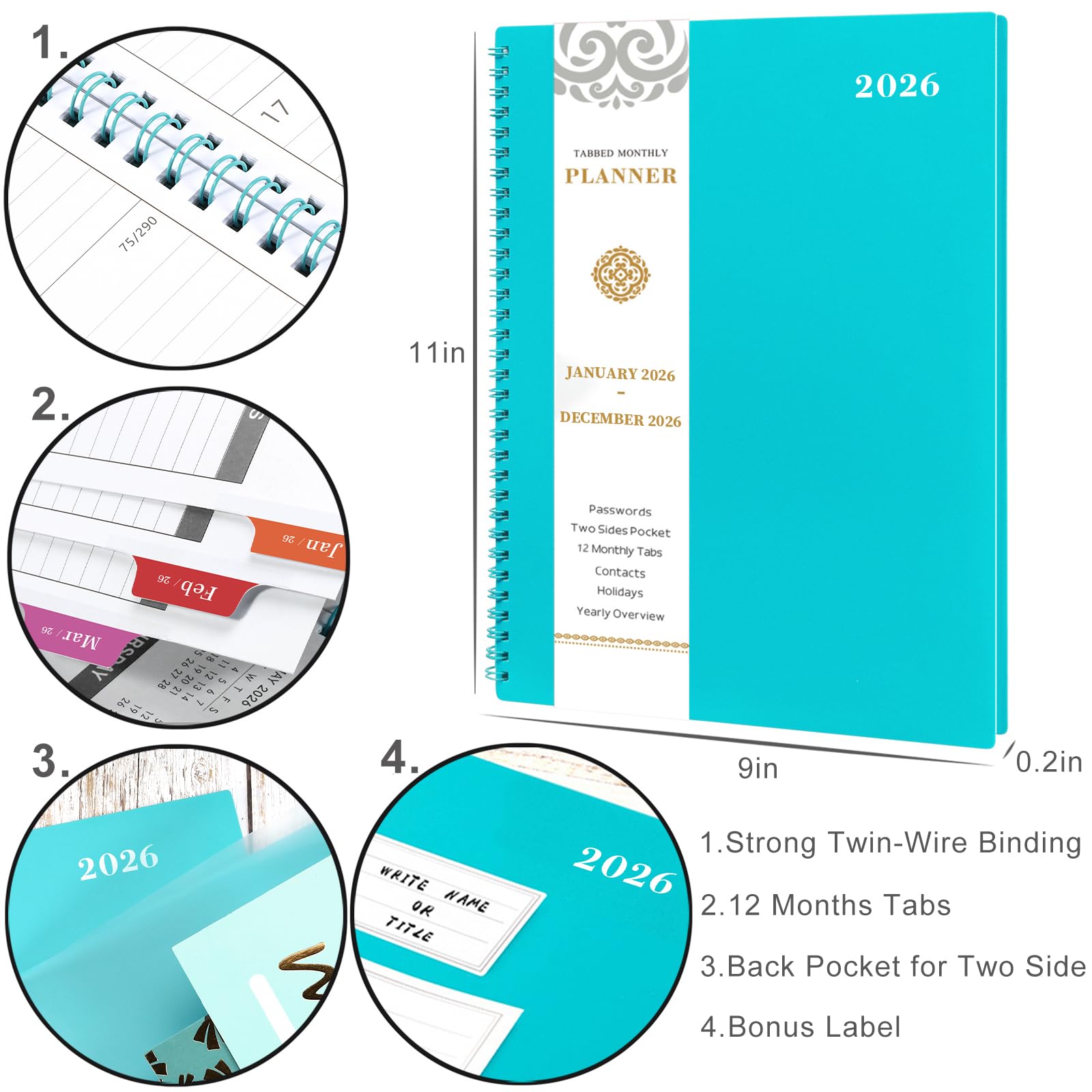 Monthly Planner/Calendar 2023-2024 - 2023-2024 Monthly Planner, Jul. 2023 - Dec. 2024, 8.5" x 11", 18-Month Planner 2023-2024 with Tabs, Pocket, Label, Contacts and Passwords, Twin-Wire Binding - Teal by Artfan