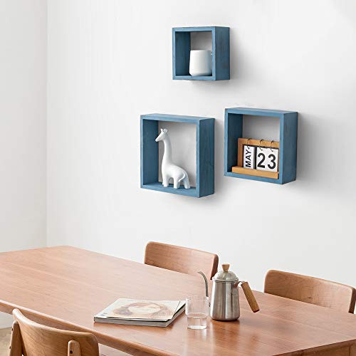 Coral Flower Rustic Shelves, Square Floating Wood Shadowbox, Home Decor, Set of 3., blue