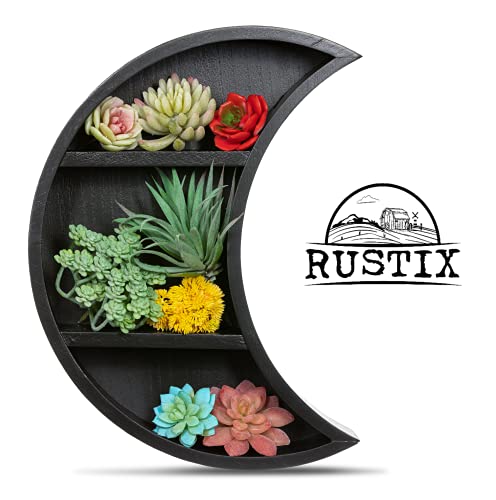 RUSTIX Rustic Black Crescent Moon Shelf - Wall Mounted Hanging Floating Shelves for Essential Oil Display or Crystal Holder - Moon Phase Hippie Celestial Boho Nursery Decor - Gothic Witchy Room Decor