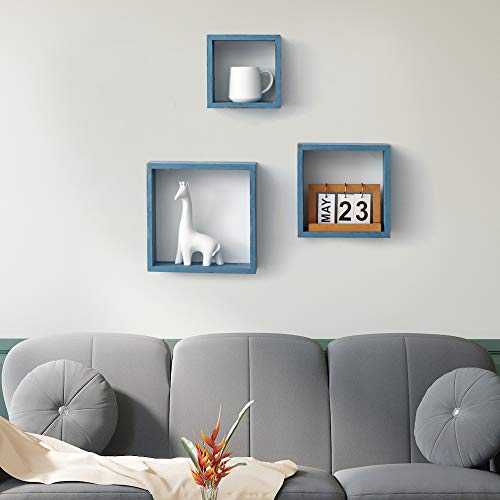 Coral Flower Rustic Shelves, Square Floating Wood Shadowbox, Home Decor, Set of 3., blue