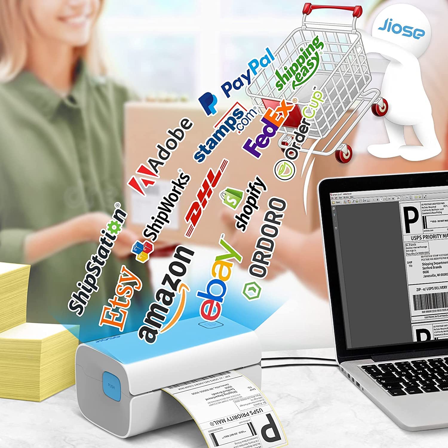 Jiose Thermal Label Printer - 4x6 Label Printer for Small Business Shipping Packages - One-Click Printing on Windows Mac Chrome Systems,Support USPS Shopify Ebay etc