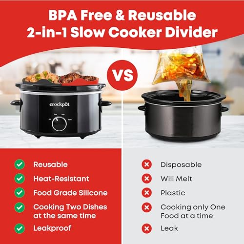 AMR 2in1 Slow Cooker Liners for 5-6 QT Crockpots, Silicone Crockpot Liner for Cooking 2 Dishes, Leak Proof & Dishwasher Safe