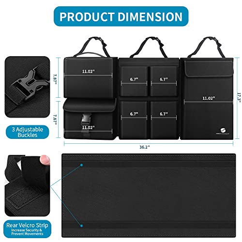 Car Trunk Organizer with Cooler, Hanging Car Organizers and Storage with Large Pockets, Zippers Detachable Seat Back Organizers Storage, Waterproof Car Storage Trunk Organizer for Jeeps, SUVs, Black