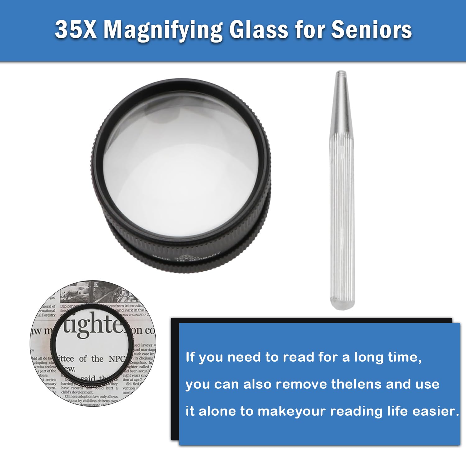 35X Handheld Magnifying Glass, High Clarity Reading Magnifier Portable Loupe for Macular Degeneration, Seniors Reading, Soldering, Inspection, Coins, Jewelry, Exploring (Diameter:50mm/1.97")