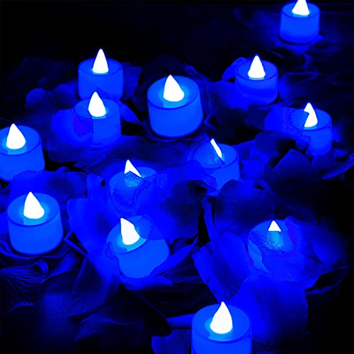 600 Pieces Artificial Rose Petals with 12 Pieces LED Tea Lights Candle Romantic Flickering Candle for Romantic Night Valentine's Day Anniversary Wedding Honeymoon (Blue Light)