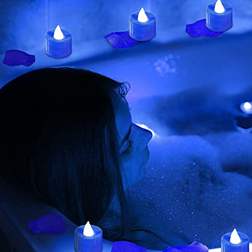 600 Pieces Artificial Rose Petals with 12 Pieces LED Tea Lights Candle Romantic Flickering Candle for Romantic Night Valentine's Day Anniversary Wedding Honeymoon (Blue Light)