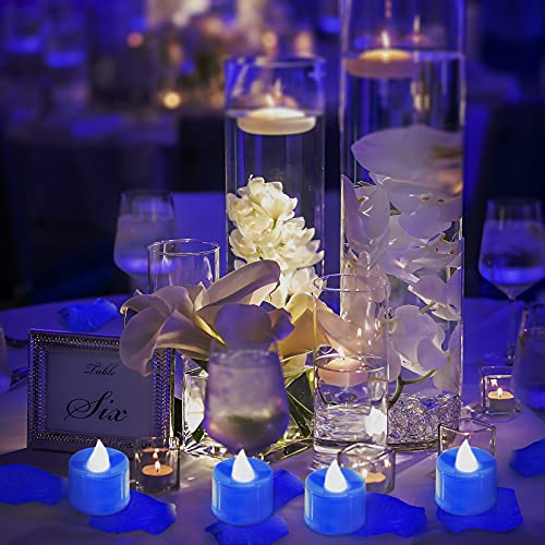 600 Pieces Artificial Rose Petals with 12 Pieces LED Tea Lights Candle Romantic Flickering Candle for Romantic Night Valentine's Day Anniversary Wedding Honeymoon (Blue Light)