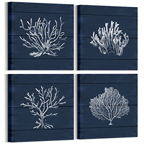 HOMEOART Coral Canvas Wall Art Prints Ocean Navy Blue Coastal Artwork Beach Home Decor Picture Framed Ready to Hang 12"x12"x4 Pieces