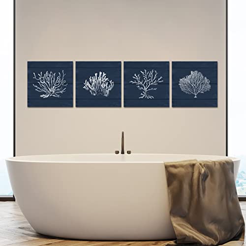 HOMEOART Coral Canvas Wall Art Prints Ocean Navy Blue Coastal Artwork Beach Home Decor Picture Framed Ready to Hang 12"x12"x4 Pieces