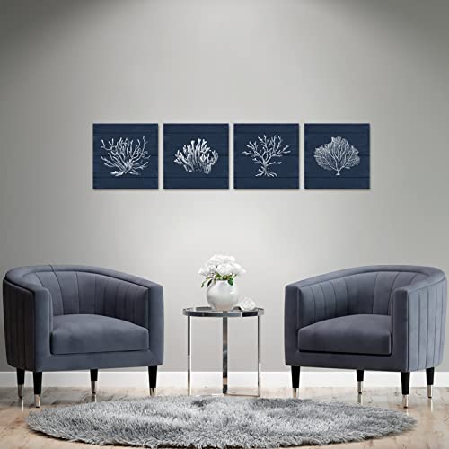 HOMEOART Coral Canvas Wall Art Prints Ocean Navy Blue Coastal Artwork Beach Home Decor Picture Framed Ready to Hang 12"x12"x4 Pieces