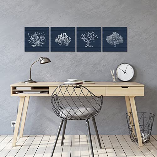 HOMEOART Coral Canvas Wall Art Prints Ocean Navy Blue Coastal Artwork Beach Home Decor Picture Framed Ready to Hang 12"x12"x4 Pieces
