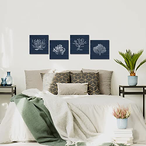 HOMEOART Coral Canvas Wall Art Prints Ocean Navy Blue Coastal Artwork Beach Home Decor Picture Framed Ready to Hang 12"x12"x4 Pieces