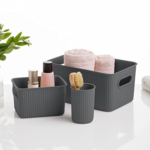 Superio Decorative Plastic Open Home Storage Bins Organizer Baskets, Medium Grey (2 Pack) Container Boxes for Organizing Closet Shelves Drawer Shelf - Ribbed Collection 5 Liter