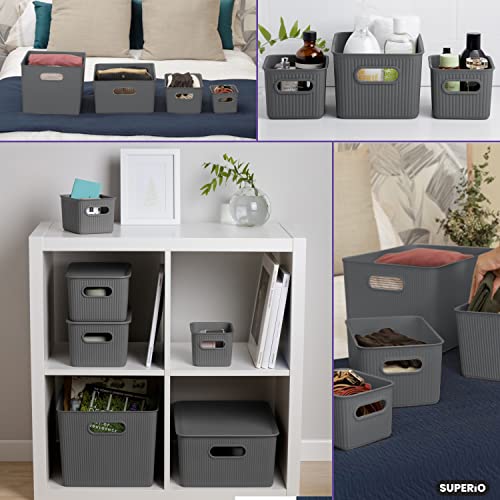 Superio Decorative Plastic Open Home Storage Bins Organizer Baskets, Medium Grey (2 Pack) Container Boxes for Organizing Closet Shelves Drawer Shelf - Ribbed Collection 5 Liter