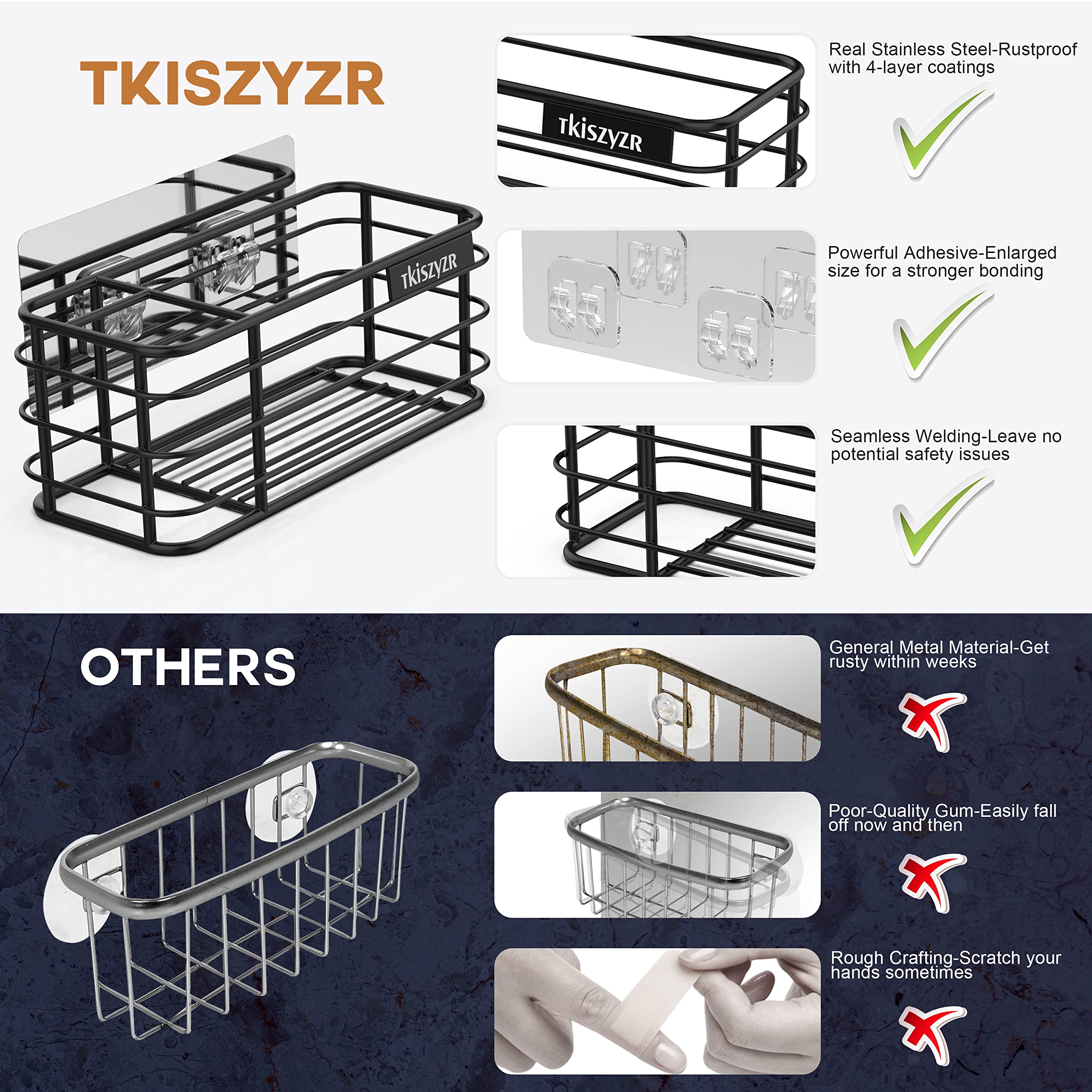 TKISZYZR Sink Sponge Holder and Sink Caddy, Sponge Holder for Sink, Kitchen Brush Holder β No Drilling with Adhesives(Black)