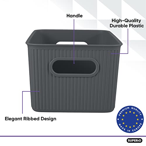 Superio Decorative Plastic Open Home Storage Bins Organizer Baskets, Medium Grey (2 Pack) Container Boxes for Organizing Closet Shelves Drawer Shelf - Ribbed Collection 5 Liter