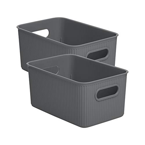 Superio Decorative Plastic Open Home Storage Bins Organizer Baskets, Medium Grey (2 Pack) Container Boxes for Organizing Closet Shelves Drawer Shelf - Ribbed Collection 5 Liter