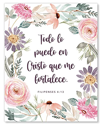 Filipenses 4:13 Wall Art En Espanol - Todo Lo Puedo En Cristo Que Me Fortalece - Floral Christian Decor In Spanish - 8x10 - Unframed