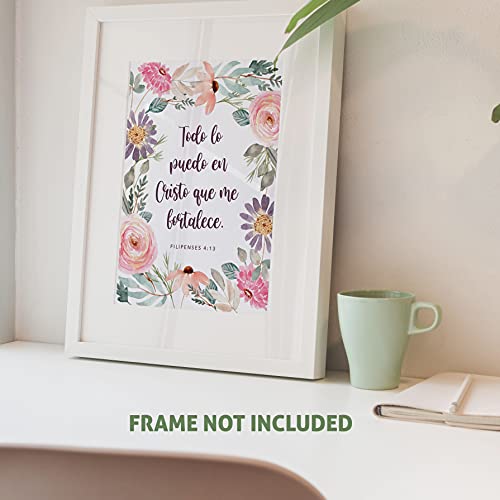 Filipenses 4:13 Wall Art En Espanol - Todo Lo Puedo En Cristo Que Me Fortalece - Floral Christian Decor In Spanish - 8x10 - Unframed