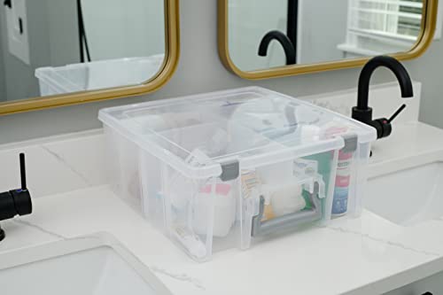 AB Designs 6990ABD Super Satchel Double Deep with Removable Dividers, Stackable Home Storage Organization Container, Clear with Sliver Latches and Handle