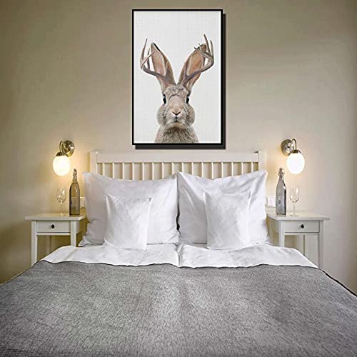 With Frame Jackalope Wall Art Mythical Creature Nursery Rabbit with Antler Print Woodland Animal Decor Modern Canvas Art Easter Decorations Wall Decor 08x12inch Wooden Framed