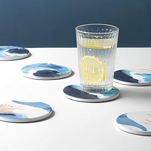 LIFVER Absorbent Drink Coasters with Holder, Set of 6 Ceramic Coasters Set with Cork Base, for Kinds of Drinking Glasses, 4 Inches Stone Coasters for Home Decor, White Elephant Gifts for Adults