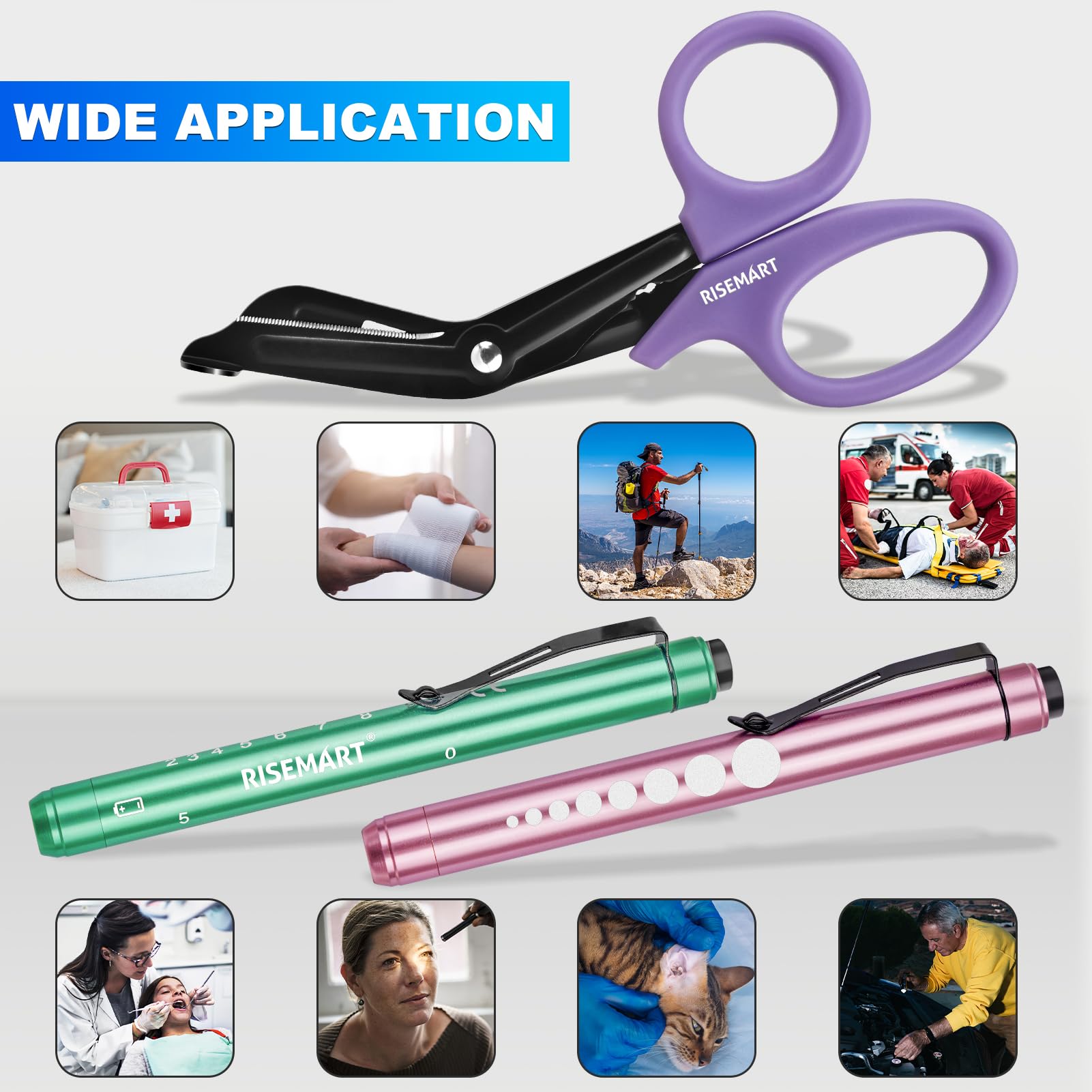 Trauma Shears, RISEMART Medical 7 1/4" Titanium-Bonded EMT Bandage Scissors and LED Pen Light with Pupil Gauge for Surgical Nursing Purposes(Gold and Silver)