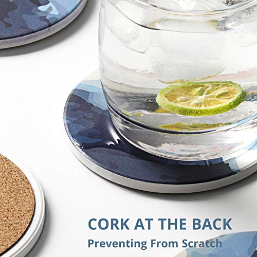 LIFVER Absorbent Drink Coasters with Holder, Set of 6 Ceramic Coasters Set with Cork Base, for Kinds of Drinking Glasses, 4 Inches Stone Coasters for Home Decor, White Elephant Gifts for Adults