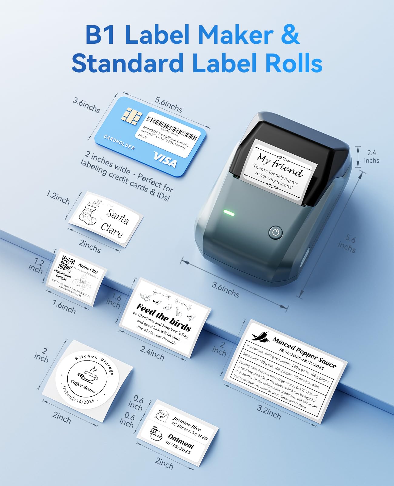 NIIMBOT B1 Label Makers, 2 Inch Bluetooth Label Maker with Auto Identification, Portable Label Printer Easy to Use for Office, Home, Business (with 1.96x1.18 inch Label Tape)