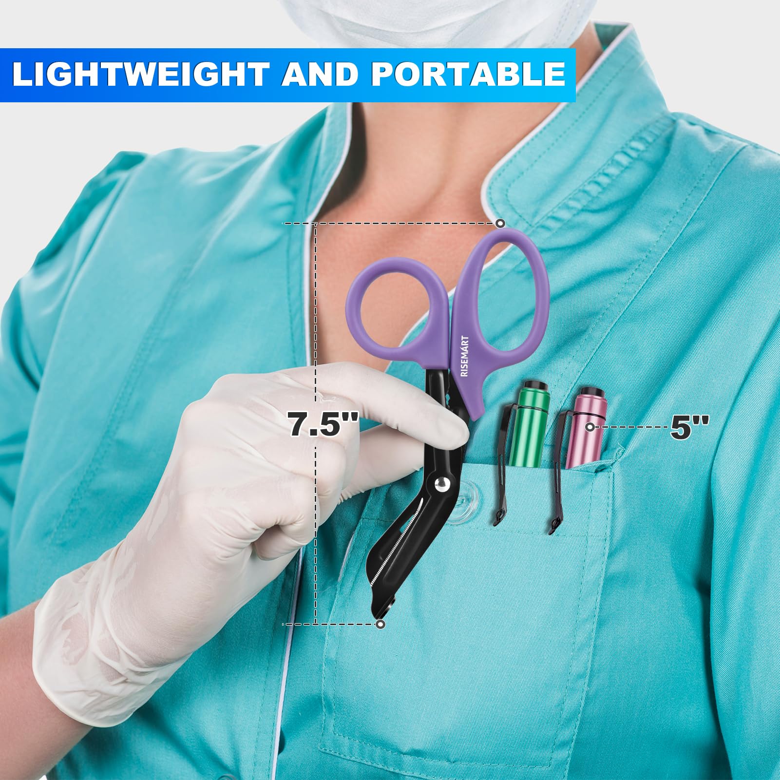 Trauma Shears, RISEMART Medical 7 1/4" Titanium-Bonded EMT Bandage Scissors and LED Pen Light with Pupil Gauge for Surgical Nursing Purposes(Gold and Silver)