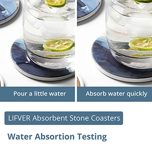 LIFVER Absorbent Drink Coasters with Holder, Set of 6 Ceramic Coasters Set with Cork Base, for Kinds of Drinking Glasses, 4 Inches Stone Coasters for Home Decor, White Elephant Gifts for Adults