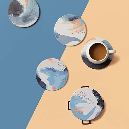 LIFVER Absorbent Drink Coasters with Holder, Set of 6 Ceramic Coasters Set with Cork Base, for Kinds of Drinking Glasses, 4 Inches Stone Coasters for Home Decor, White Elephant Gifts for Adults
