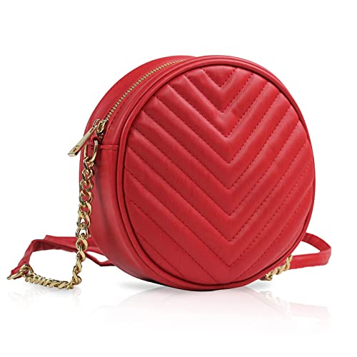 RCFJ b y K L A N D Round Crossbody Bag for Women,PU Leather Shoulder Bag with Metal Chain Strap, Cellphone Purses with Zipper