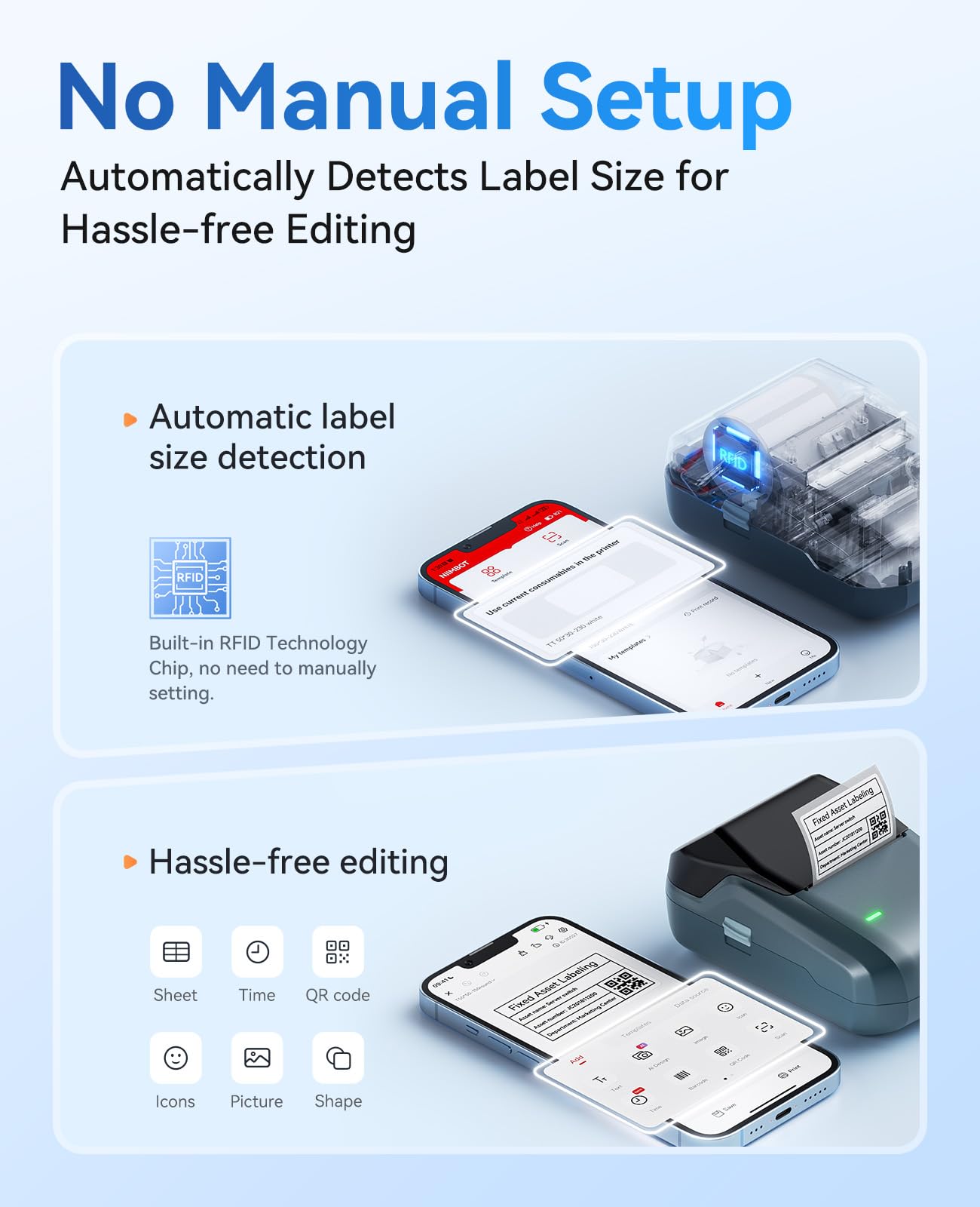 NIIMBOT B1 Label Makers, 2 Inch Bluetooth Label Maker with Auto Identification, Portable Label Printer Easy to Use for Office, Home, Business (with 1.96x1.18 inch Label Tape)