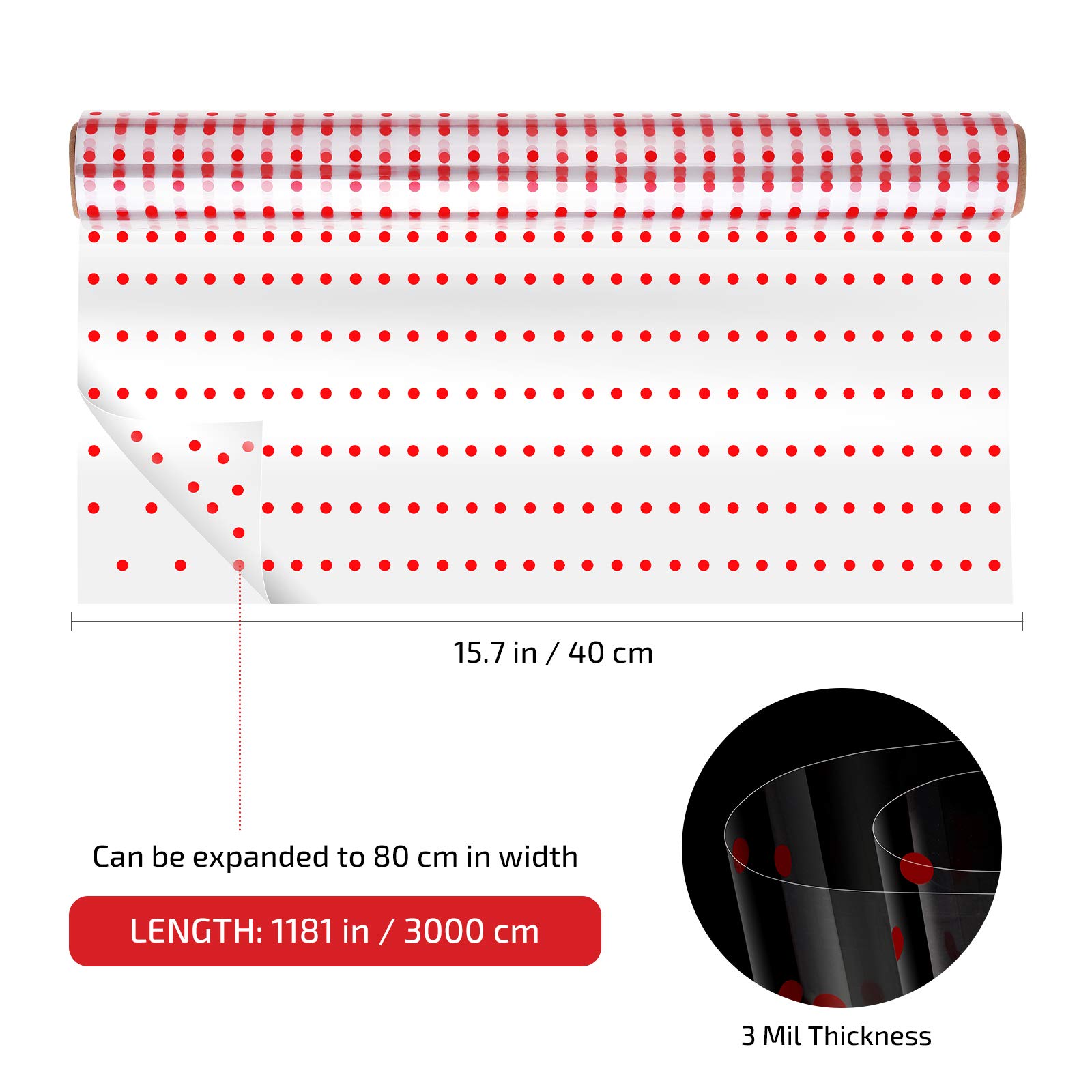 STOBOK Cellophane Wrap Roll | Unfolded Width 32 inch x 100 Ft, Red Polk Dot Paper Wrapper, 3 Mil Thicken Transparent Long Film Gift Wrappings for Flowers, Bouquet,Basket, Food Packing Paper