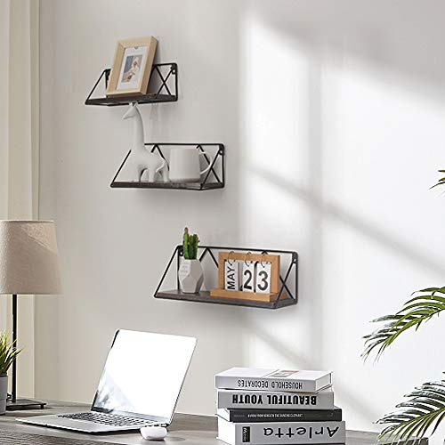 Coral Flower Floating Wall Shelves Set of 3 Rustic Space-Saving Decorative Wood Hanging Shelves Wall-Mounted Shelves Corner Shelves for Bathroom Kitchen Living Room Bedroom, rustic brown