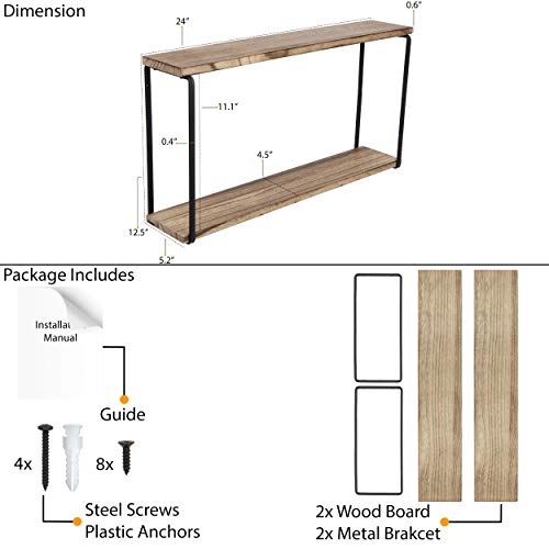 Wallniture Porto 2-Tier Wood Wall Shelf for Bedroom Decor, 24" Floating Bookshelf Unit, Natural Burned