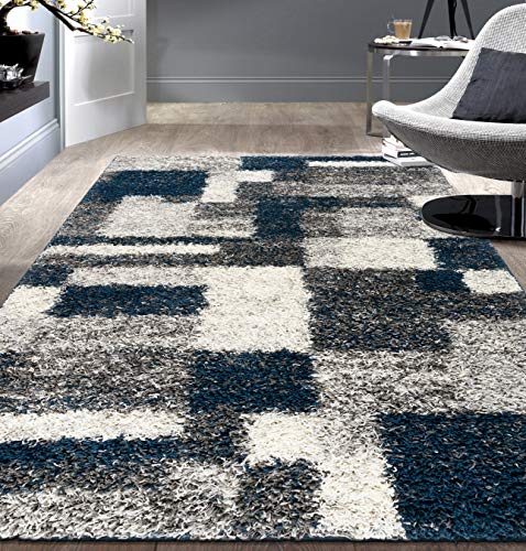 Rugshop Distressed Modern Boxes Plush Shag Area Rug 7'10" x 10' Navy