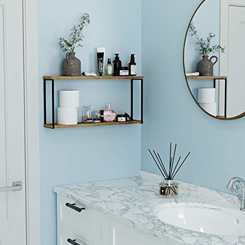 Wallniture Porto 2-Tier Wood Wall Shelf for Bedroom Decor, 24" Floating Bookshelf Unit, Natural Burned