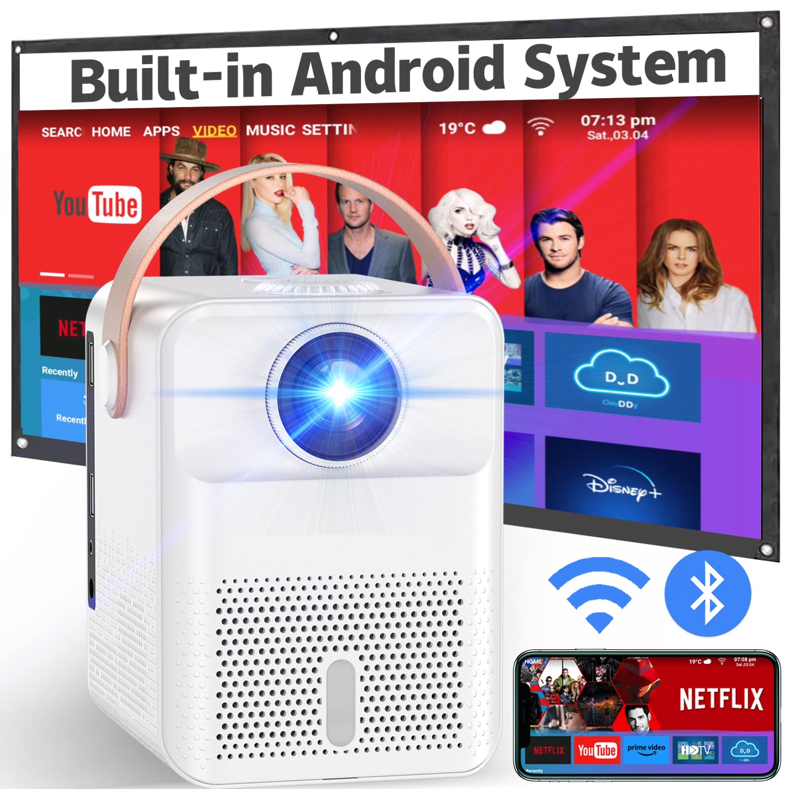 4K Projector with Android System 9.0, 12000 Lumen Projector with WiFi and Bluetooth for Outdoor Movies, Max 300” ±45°4D Display, Compatible with Smartphone, TV Stick, Laptop, PS4/XBOX, HDMI, USB, ZOOM