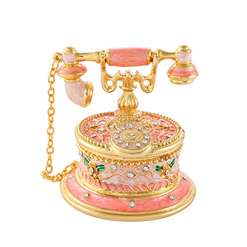 QIFU Hand Painted Telephone Pink Enameled Jewelry Trinket Box with Hinged Unique Gift for Home Decor