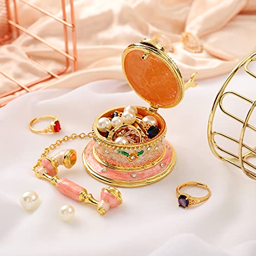 QIFU Hand Painted Telephone Pink Enameled Jewelry Trinket Box with Hinged Unique Gift for Home Decor
