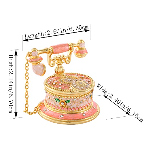 QIFU Hand Painted Telephone Pink Enameled Jewelry Trinket Box with Hinged Unique Gift for Home Decor