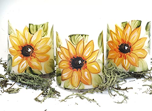Decorative Small 1 1/2 Inch Off White Plastic Battery Operated Flameless Flickering Flame Votive Candles Set of Three with Hand Painted Sunflowers Boho Decor Goddess Arts Collection