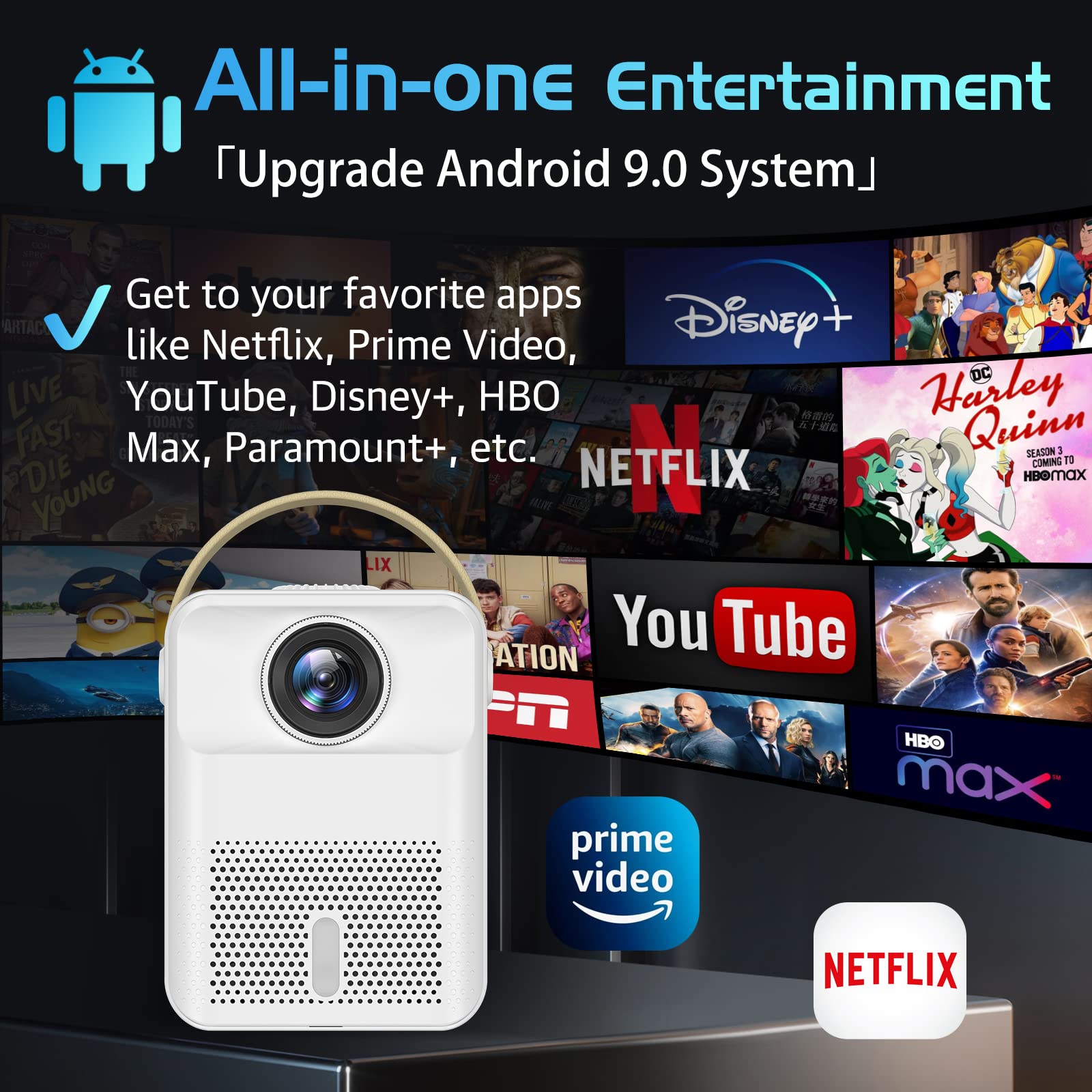 4K Projector with Android System 9.0, 12000 Lumen Projector with WiFi and Bluetooth for Outdoor Movies, Max 300” ±45°4D Display, Compatible with Smartphone, TV Stick, Laptop, PS4/XBOX, HDMI, USB, ZOOM