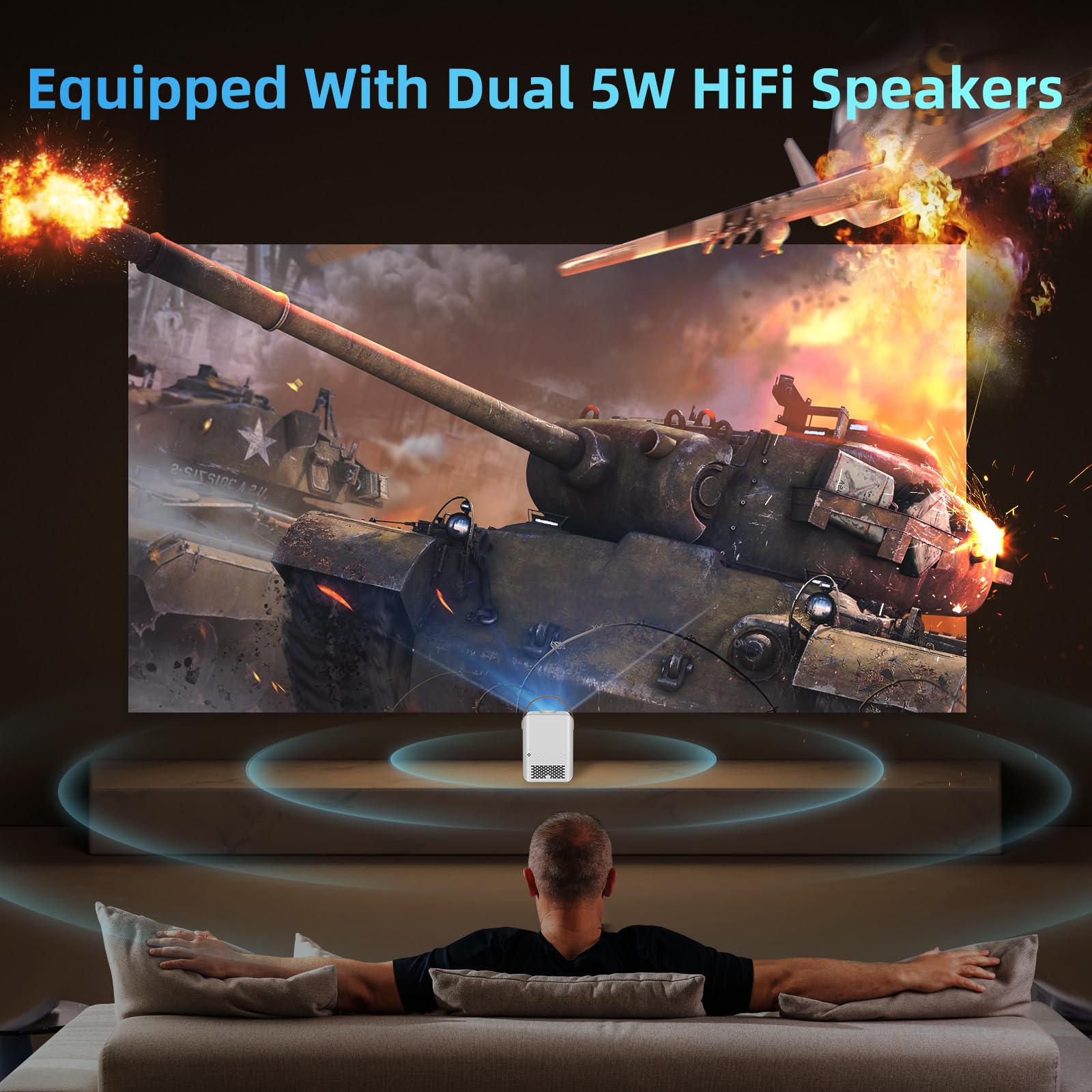 4K Projector with Android System 9.0, 12000 Lumen Projector with WiFi and Bluetooth for Outdoor Movies, Max 300” ±45°4D Display, Compatible with Smartphone, TV Stick, Laptop, PS4/XBOX, HDMI, USB, ZOOM