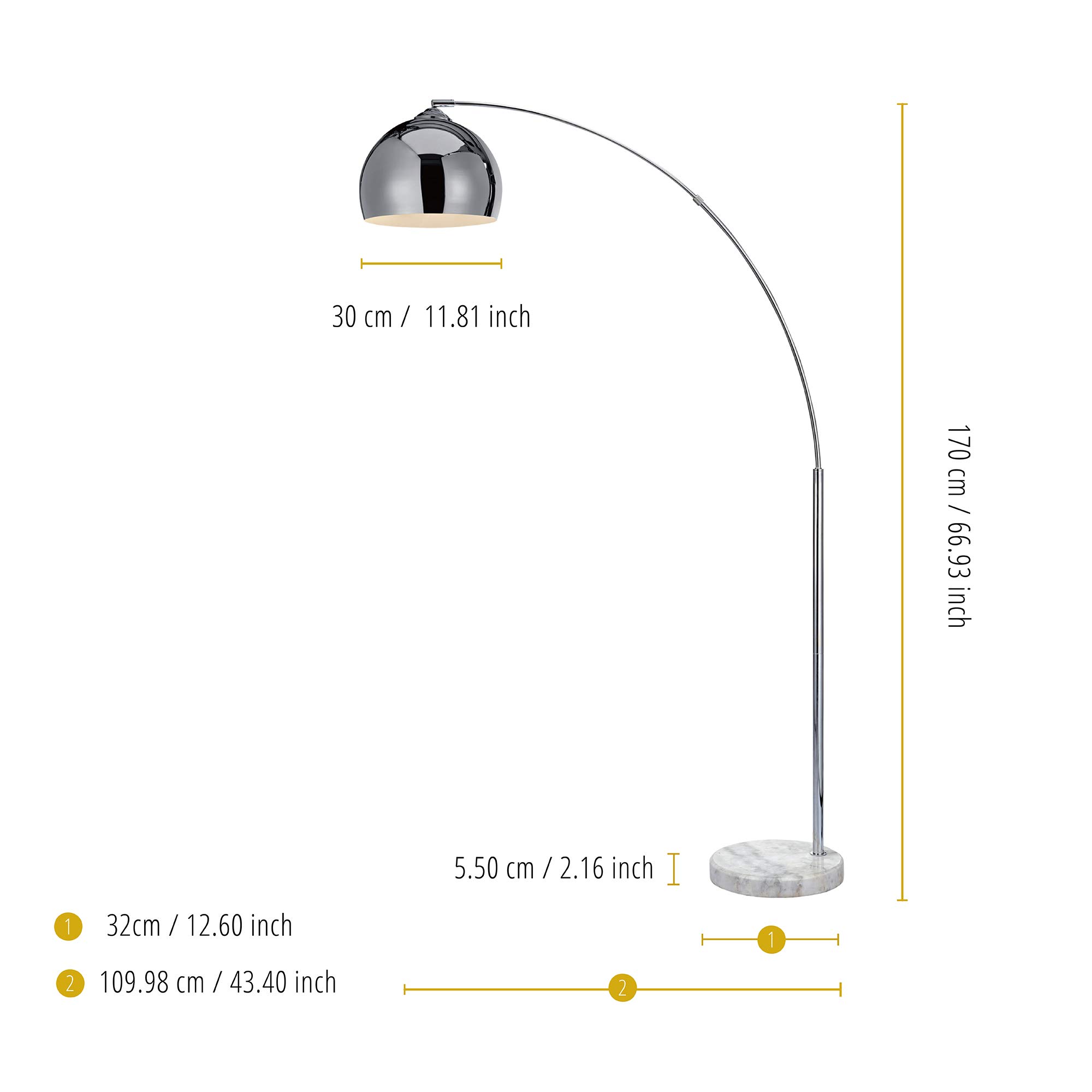 Versanora Arquer Modern Arc Floor Lamp 67 inch Tall Standing Hanging Light with Chrome Finished Shade and White Marble Base for Living Room Reading Bedroom Office