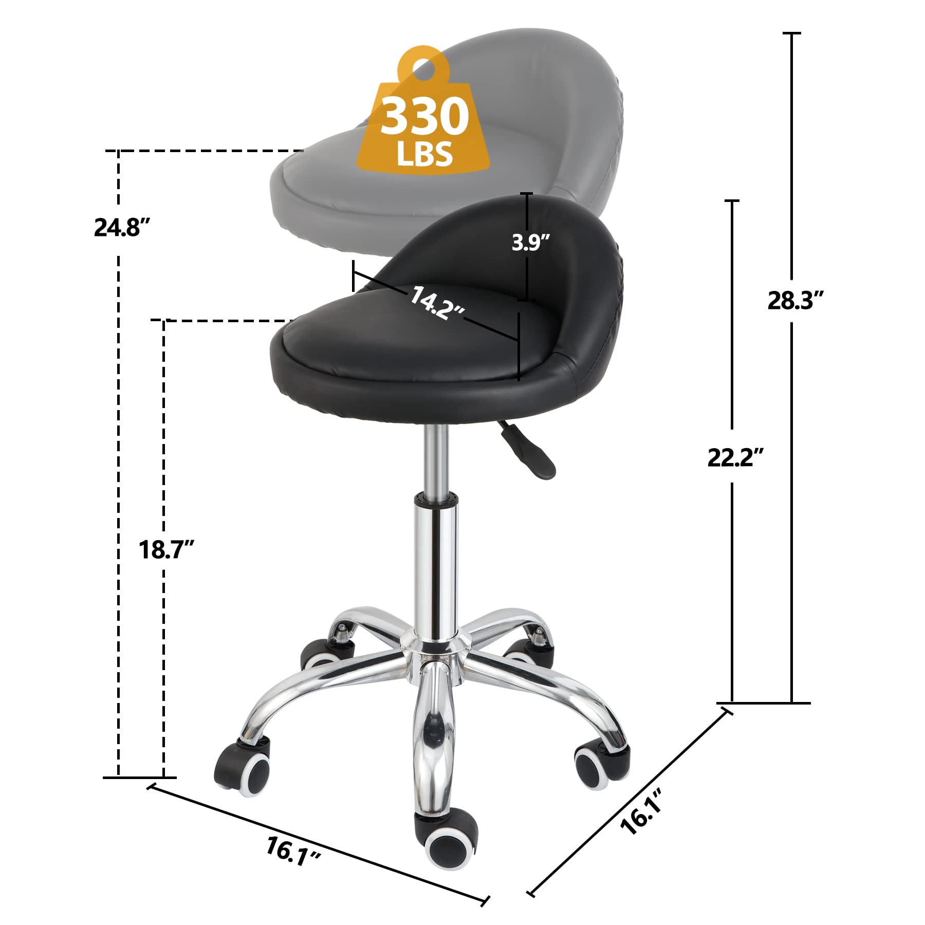 JupiterForce 24'' Adjustable Rolling Stool 360 degree Swivel Salon Office Massage Medical Facial Spa Stool Chair with Wheels Backrest PU Cushion Gas Lift Stool (Black)