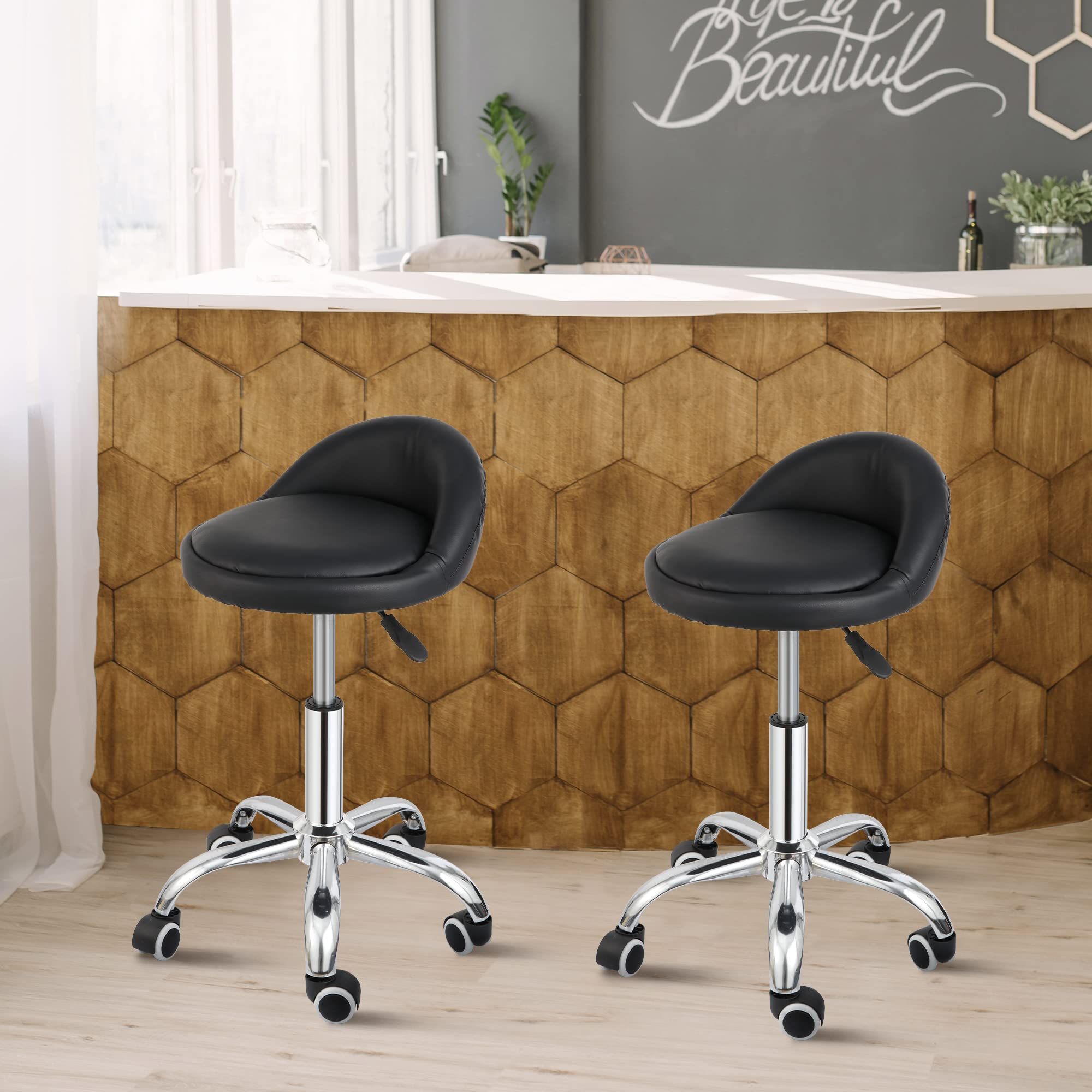 JupiterForce 24'' Adjustable Rolling Stool 360 degree Swivel Salon Office Massage Medical Facial Spa Stool Chair with Wheels Backrest PU Cushion Gas Lift Stool (Black)